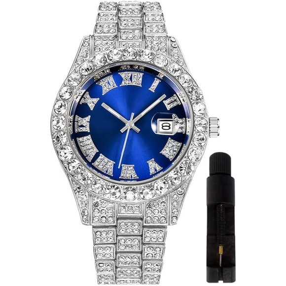 HUNRUY | Accessories | Men Xl Face Silver Blue Icedout Bling Diamond ...